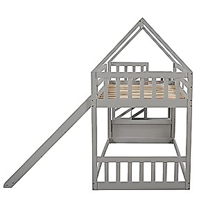 Harper & Bright Designs Low House Bunk Bed with Slide, Wood Twin Over Twin Floor Bunk Bed Frame with Storage Shelves, Roof, Full-Length Guardrail for Toddler, Kids, Boys or Girls, Grey