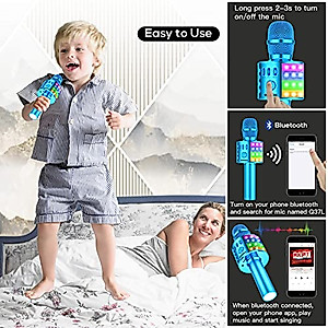BONAOK Wireless Bluetooth Karaoke Microphone for Kids, Portable Handheld Singing Mic Speaker MP3 Player with Controllable LED Lights, Party for Adults Girls Boys Teens Q37L (Blue)