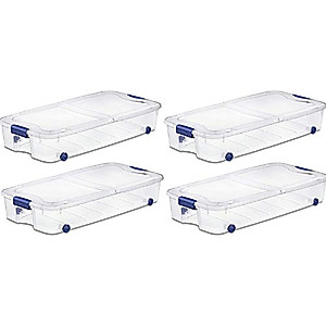 4-Pack Under Bed Plastic Storage Bin Unit Boxes Are Containers For Clothes, Books, Diapers, Shoes, Linen. Office Supplies, Camping, RV, Pantry Foods 66 Quart Capacity