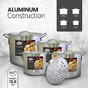 Alpine Cuisine Aluminum Steamer Stock Pot 12pc Set with Cooking Pot Lids 8, 12, 16, 20 Quart | Multi-Tier Steaming Capability | Ergonomically Designed Handles | Easy to Use & Effortless Clean