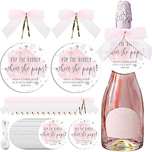 MotiMind 50 Set Pop When Pops Baby Shower Bottle Tags, Pop the Bubbly When Pops Tags Champagne Baby Shower Favor Label with Bows and Ribbon for Baby Shower Party Guest Gift (Pink)