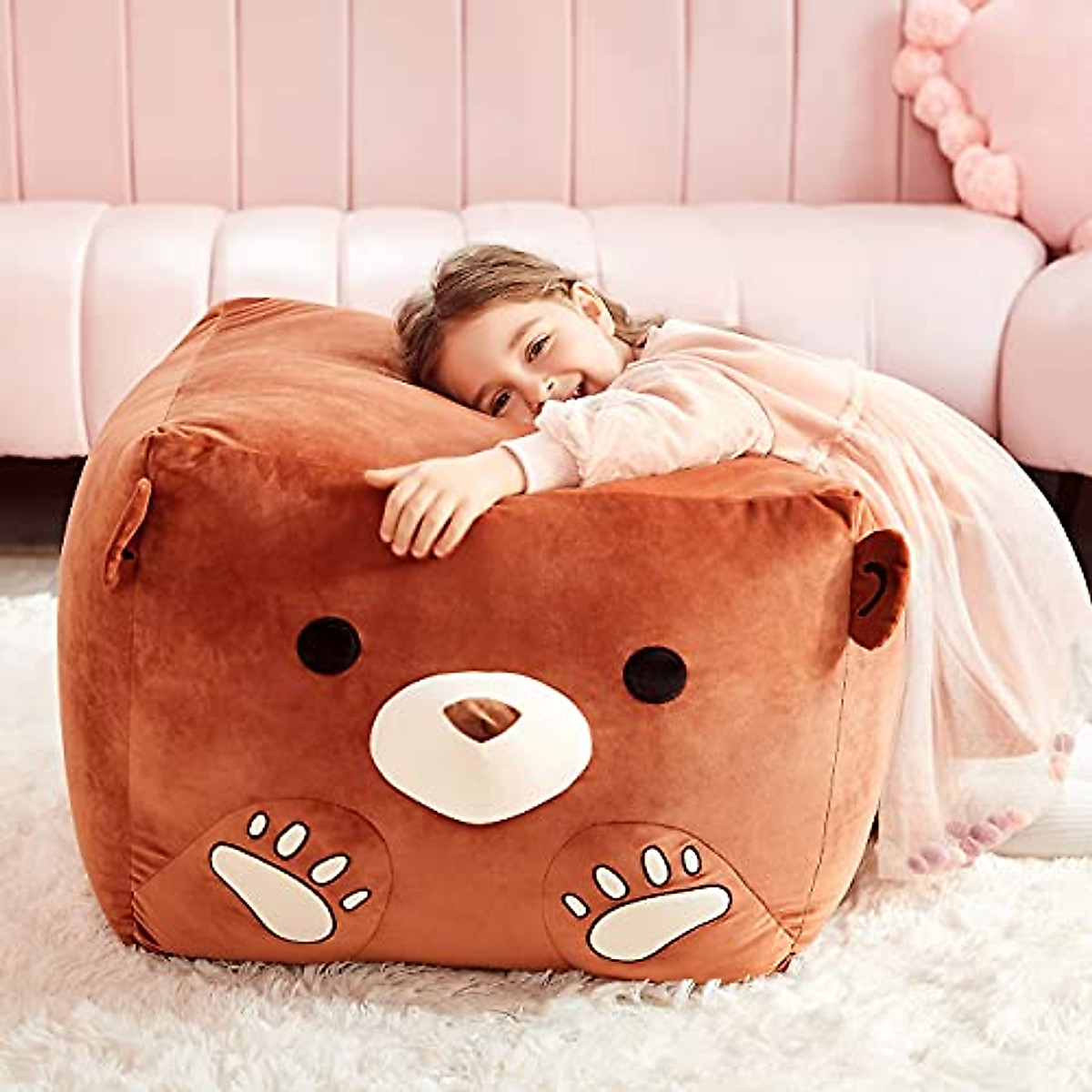 IKASA Bean Bag Chair Cover for Kids - Stuffed Animal Toy Storage Beanbag Chairs Bags for Toddler Girls Boys for Organizing Childrens Plush Toys - Soft Plush Long YKK Zipper (Brown Bear, Large)