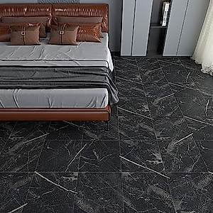 VaryStyle 20 Pack Black Marble Peel and Stick Waterproof Vinyl Floor Tiles 12"x12" Self Adhesive Removable Sticky Tiles for Kitchen Bathroom Bedroom Floor Walls