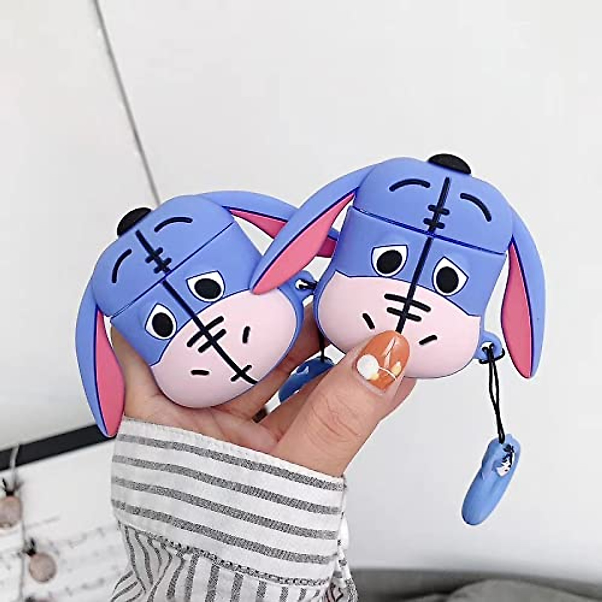 Ultra Thick Soft Silicone Case with Finger Strap for Apple Airpods 1 2 1st 2nd Blue Donkey Eeyore Winnie the Pooh Disney Disneyland Cartoon 3D Cute Lovely Hot Kids Girls Teens Daughter
