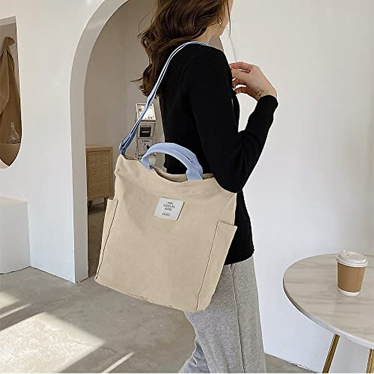 ALUWU Canvas Tote Bag for Women Crossbody Bag Casual Shoulder Purse Handbag with Zipper for School Work Beige