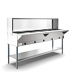 KoolMore 5-Pan Open Well Commercial Electric SS Steam Table Food Warmer for Buffets with Sneeze Guard, Overshelf, Undershelf, Warming Control Knobs, Front Serving Area [240V] (KM-OWS-5SG), Silver