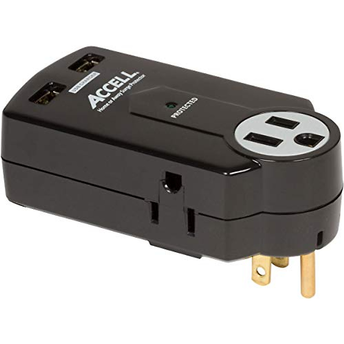 Accell Power Travel Surge Protector - 3 Outlets, 2 USB Charging Ports (2.1A Output), Folding Plug - Black, 612 Joules, ETL Listed