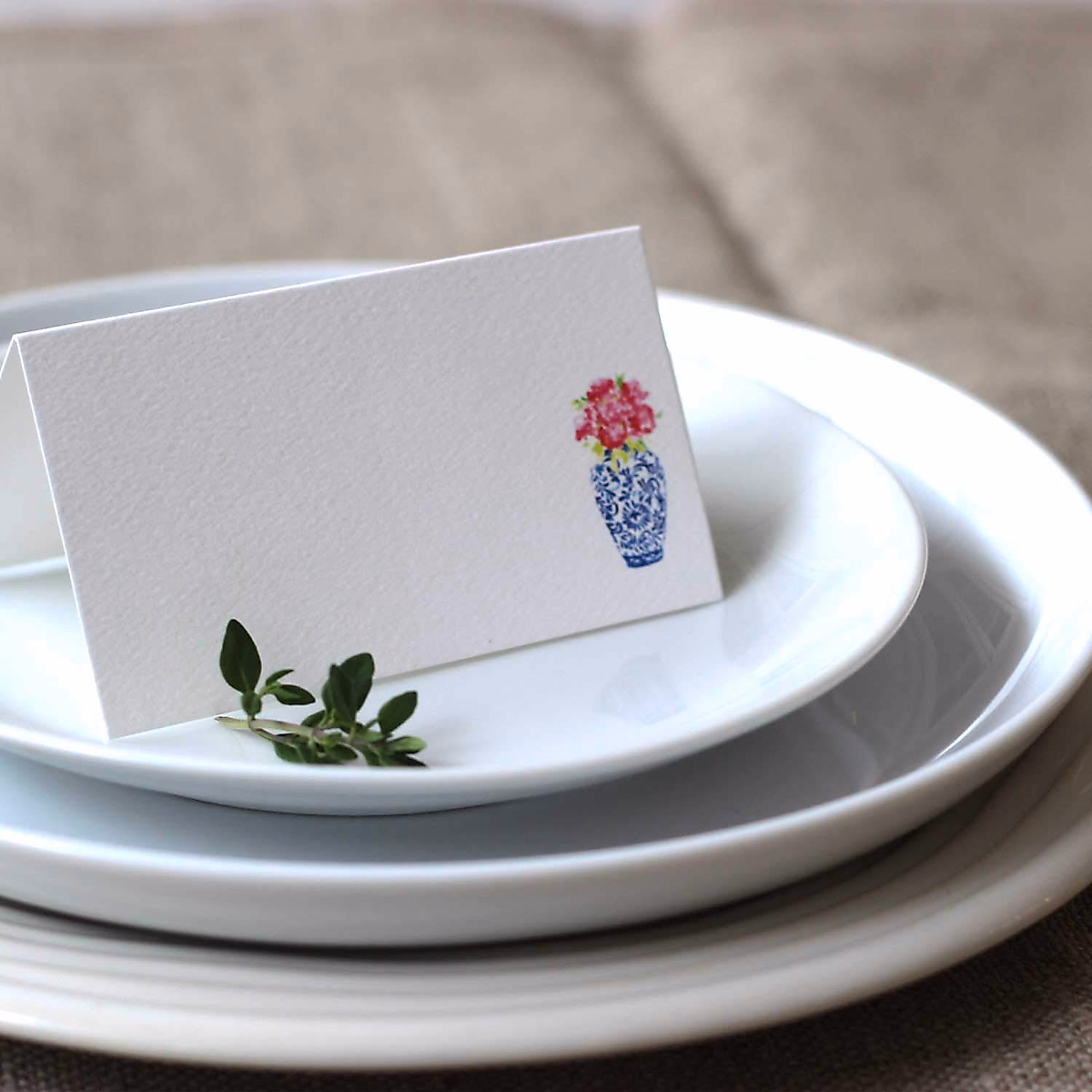 Nancy Nikko Place Cards with Blue and White Ginger Jar with Pink Flowers for Weddings, Showers, and Dinner Parties. Table Tent Style, Scored for Easy Folding. Available in Pkgs of 12/25 / 50 (12)