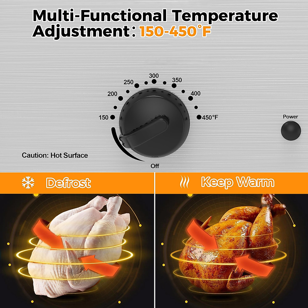 14 Quart Roaster Oven with Self-Basting Lid, Turkey Roasting Pan with Removable Roasting Rack, Turkey Defrost & Warm Function, Adjustable Temperature, Stainless Steel, Silver