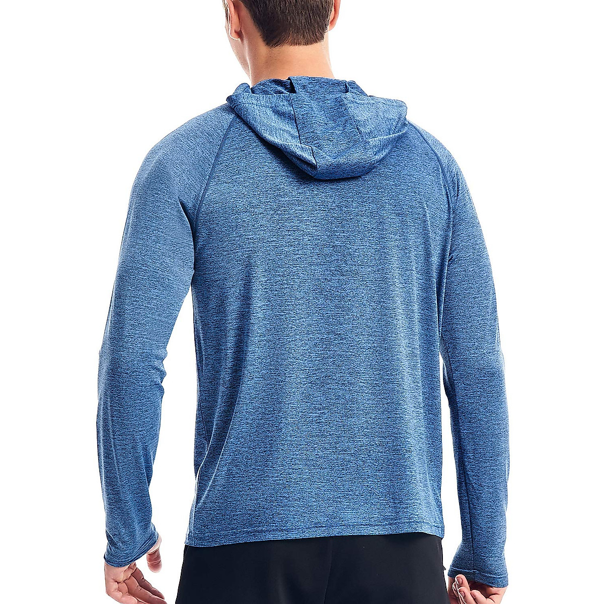 Hooded Shirts for Men Long Sleeve Workout Hoodie Lightweight Athletic Gym Running Hoodies Pullover Shirt Dry Fit(32-Blue Heather,L)