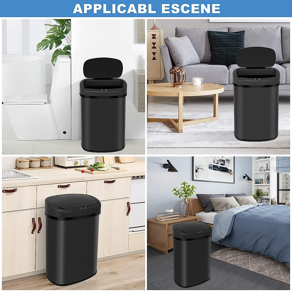 Bigacc 13 Gallon 50 Liter Kitchen Trash Can with Touch-Free & Motion Sensor, Automatic Stainless-Steel Garbage Can, Anti-Fingerprint Mute Designed Trash Bin-Black