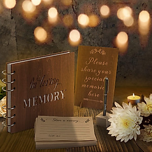 Creawoo Wooden Funeral Guest Book for Memorial Service Celebration of Life Decorations, Hardcover In Loving Memory Guestbook Set with White Pages, Included Share a Memory Cards, Table Sign, Pen (8.5")