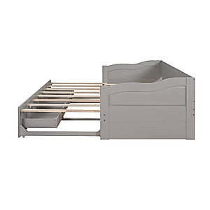 Polibi Extendable Daybed, Wooden Daybed with Trundle Bed and Two Drawers, Convertible Sofa Bed with 2 Storage Drawers, Can be Expanded from Twin Size to King Size (Grey)