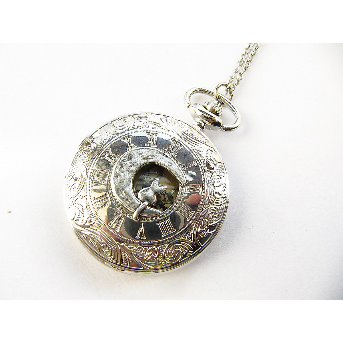 watch necklace Cat Moon Pocket, cat Necklace,Moon Necklace,cat Lady,Celestial Necklace,Cat Lover