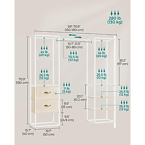 SONGMICS Clothes Rack, 70.9 Inch Wardrobe Freestanding Closet, Heavy Duty Garment Rack with 1 Extendable Hanging Rod, 2 Drawers and 4 Shelves, for Bedroom, Space-Saving, Natural Beige URGR003W67
