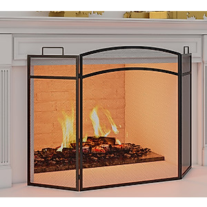 Calidola 3 Panel Fireplace Screen 48" W x 29" H Modern Foldable with Wrought Metal Decorative Mesh,Arch Heavy Duty Fire Spark Guard Cover for Home Decor Indoor, Black