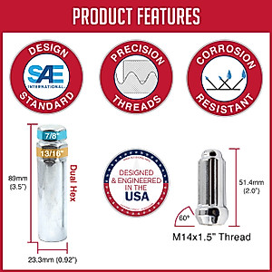 Wheel Accessories Parts 24 Pcs M14x1.5 14x1.5 Thread Truck 2.00" Long Spline Lug Nuts Chrome 6 Spline Hex Fits 1999+ Chevy Silverado GMC Sierra 1500 2015+ Ford F 150 Nissan Titan XD 2019+ Ram 1500