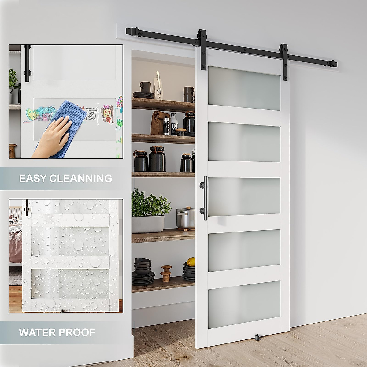 ALAMEDADT 34'' x 84'' Glass Barn Door and 6 Ft Hardware Kit Included, MDF White Barn Door Slab with Frosted Glass, PVC Surface, Combined with Handle and Floor Guide-Assembly Required, White