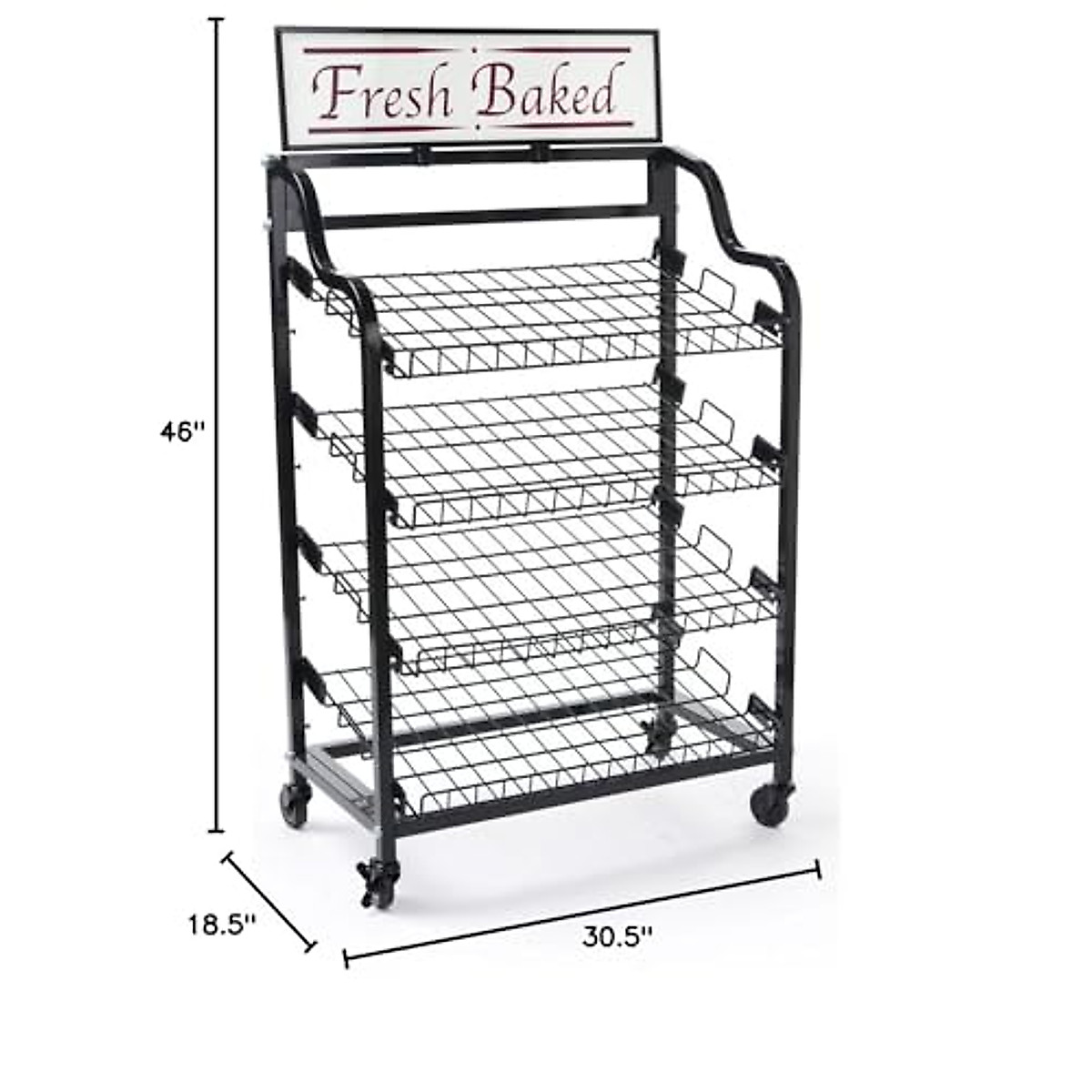 Displays2go Wheeled Metal Rack with Four Tilting Wire Shelves, Black (BAKCRT4NBK)