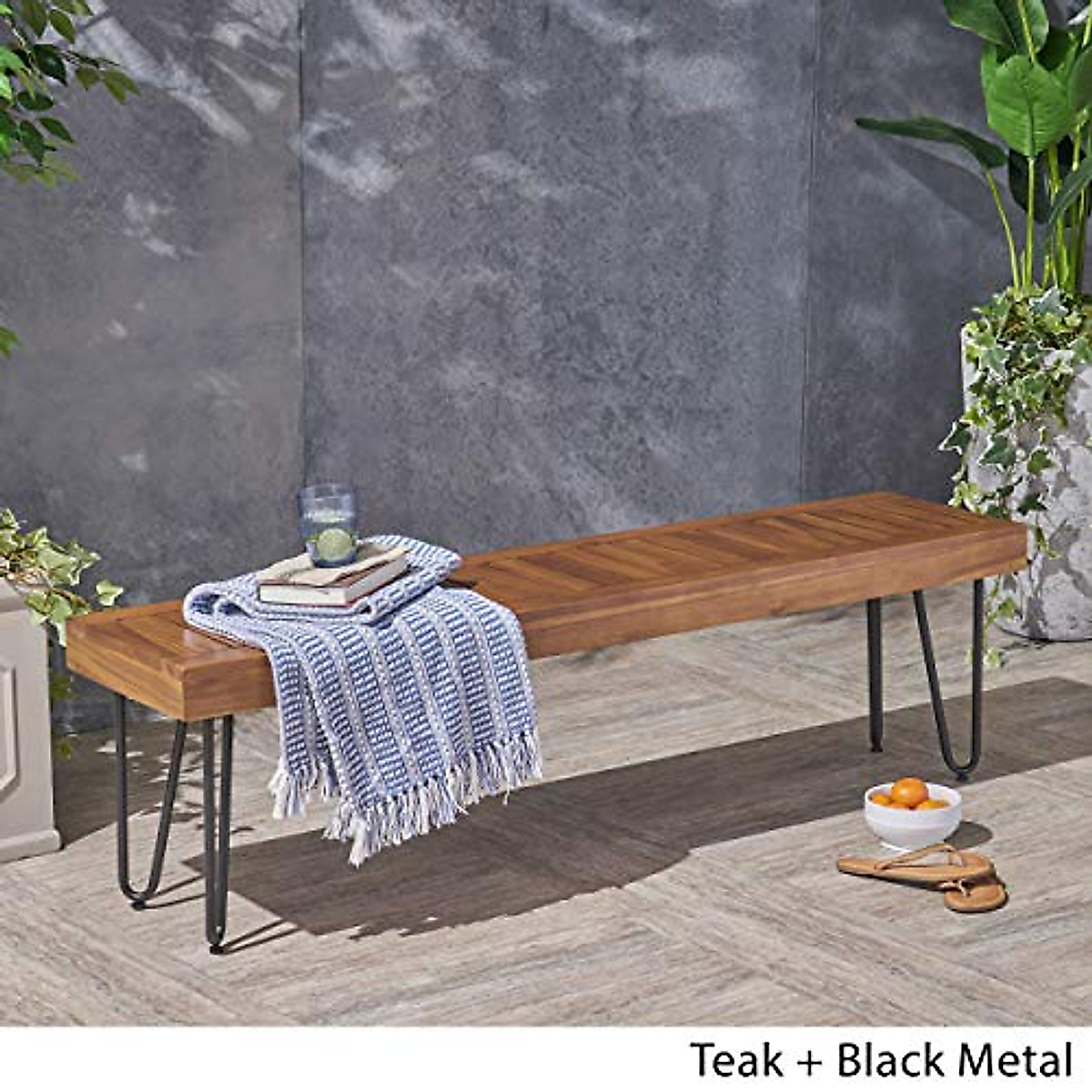Christopher Knight Home Abbet Outdoor Industrial Wood Bench, Teak/Black Metal