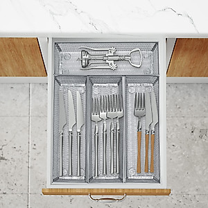 Neudeco Mesh Drawer Organizer, Silverware Organizer for Kitchen Drawer?Utensil Metal Organizer for Flatware, Knives, Cosmetic (Silver 9 * 3 * 2 inch Pack6)