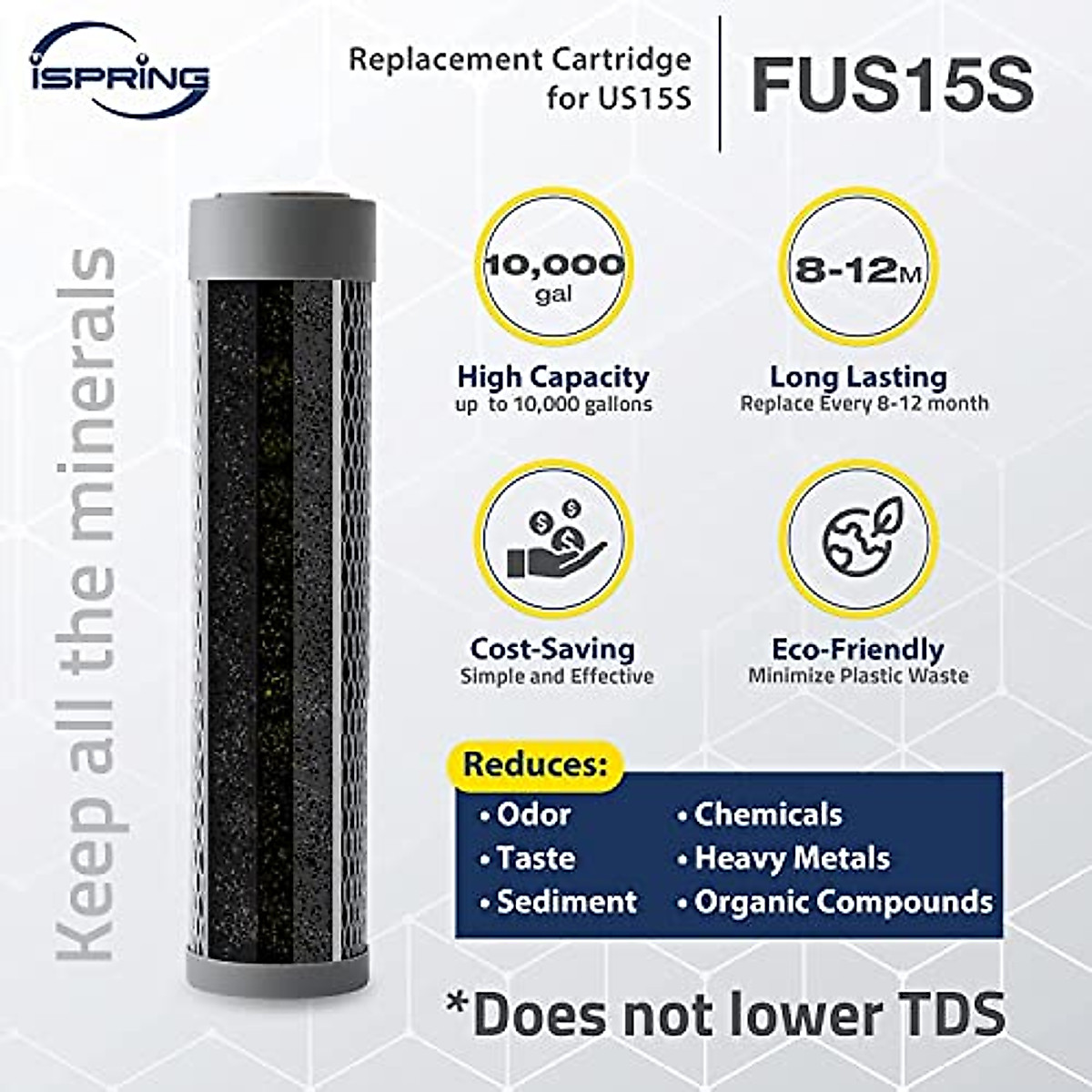 iSpring US15SD Direct-Connect Under Sink Water Filter System, High Capacity Filtration, Fit Kitchen and Bathroom Faucets, Reduces Lead and Chlorine, 10" x 2.5", Black