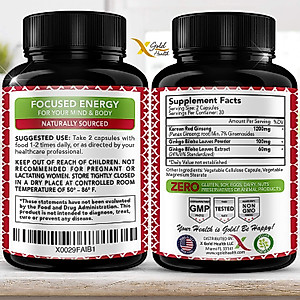 Korean Red Panax Ginseng 1200mg + Ginkgo Biloba - Extra Strength Root Extract Powder Supplement w/High Ginsenosides Vegan Capsules for Energy, Performance & Focus - Supplement for Men & Women