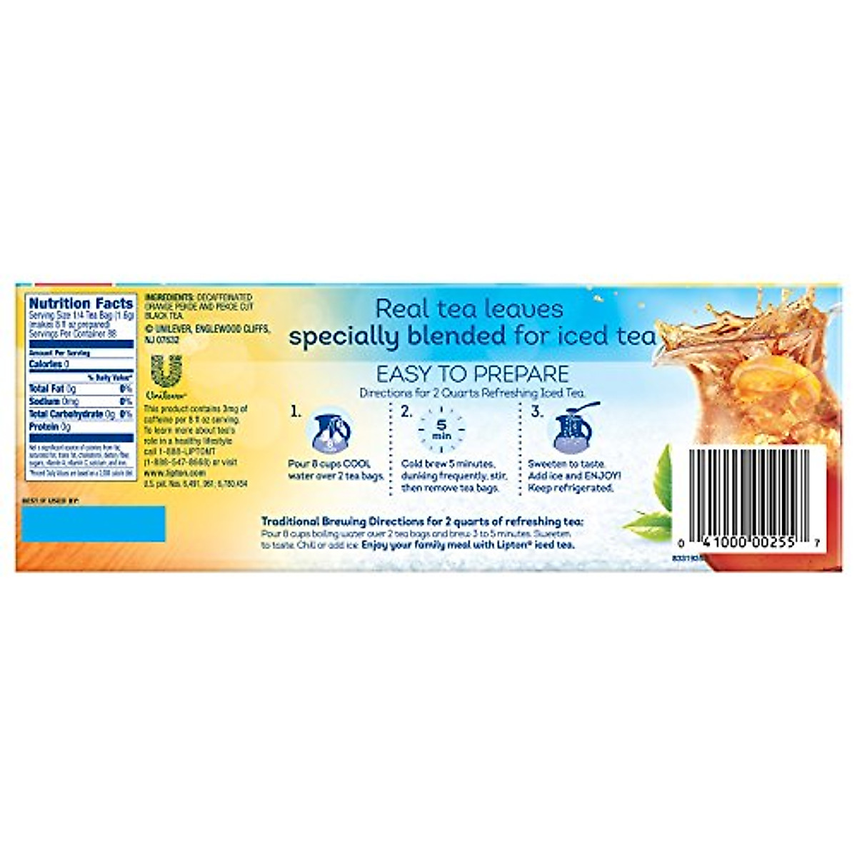 Lipton Cold 6 Piece Brew Family Black Iced Tea Unsweetened Decaffeinated Tea Bags