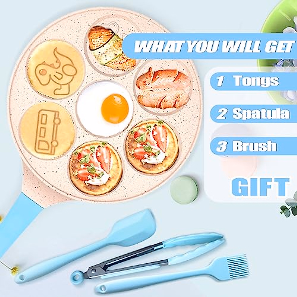 Mini Pancake Pan for Pancakes, Dinosaur Truck Waffle Maker Ceramic Pancake Griddle Crepe Maker Nonstick 7-Cup Pancake Mold for Kids