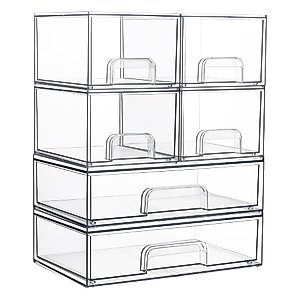 Vtopmart Stackable Storage Drawers Set of 6, Clear Plastic Organizer Bins for Bathroom Supplies,Ideal for Cabinet,Pantry,Laundry Room Organization