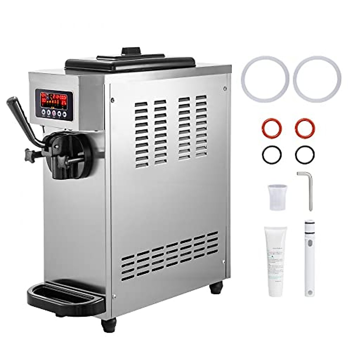 Commercial Ice Cream Maker Single Flavor Commercial Ice Cream Machine 4.7-5.3 Gal/H Soft-Serve Ice Cream Maker, 1800W Countertop Soft Serve Ice Cream Machine, with LCD Panel, Stainless Steel