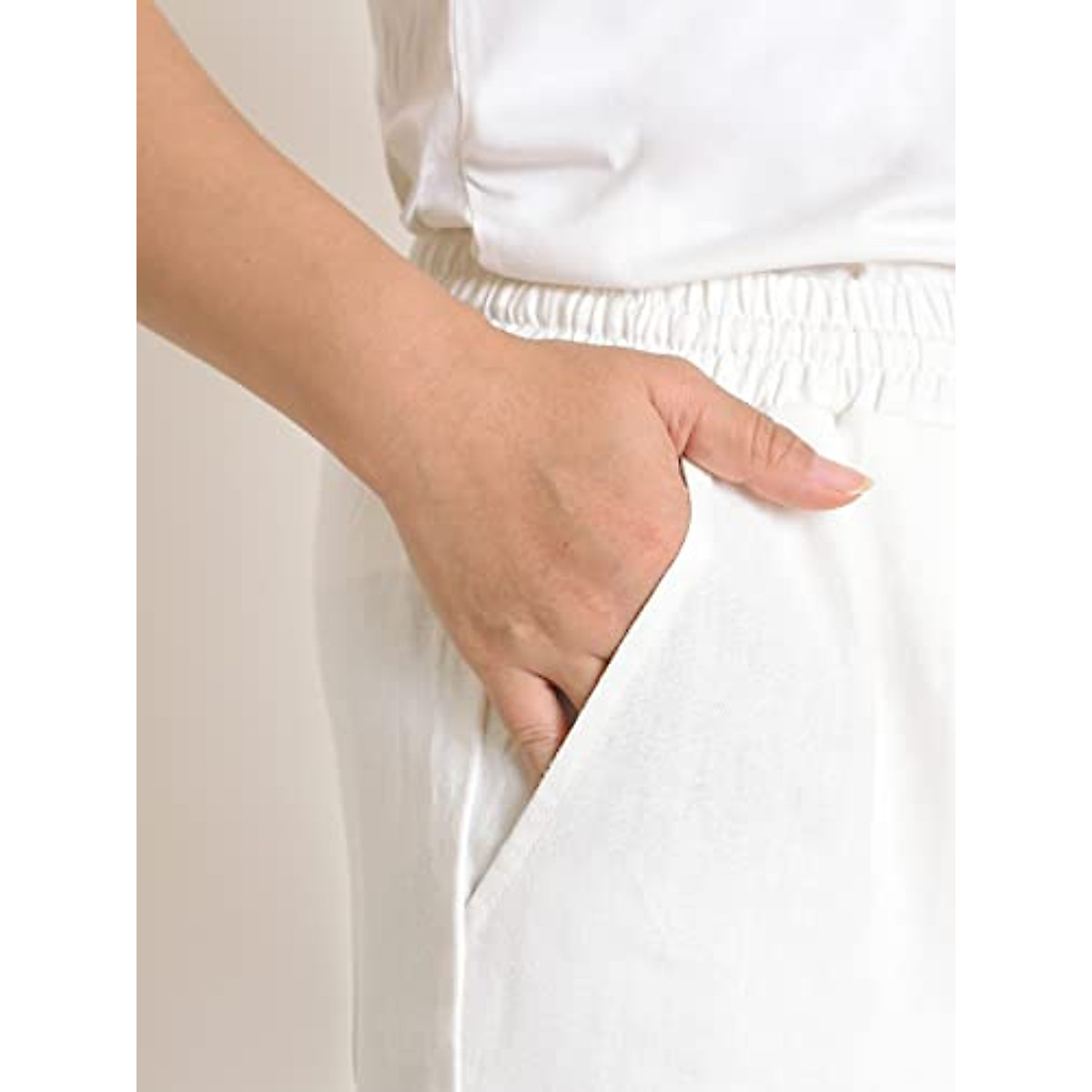 Weintee Women's Linen Joggers with Pockets L White