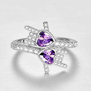 Emsione 925 Sterling Silver Plated Created Amethyst 2 Heart CZ Cut Whit Rock Hands Eternity Ring Anniversary Wedding Engagement Band Ring Size 9 Color Purple