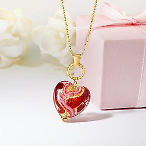 Ross-Simons Italian Red and Pink Murano Glass Heart Necklace in 18kt Gold Over Sterling. 18 inches