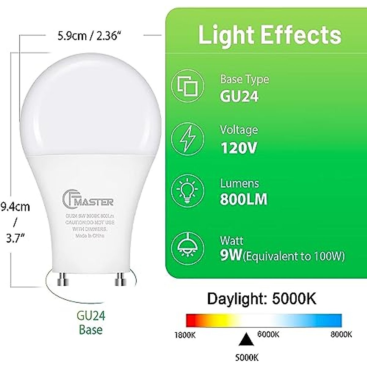 CFMASTER GU24 Led Light Bulb, 9W(100W Equivalent), 5000K Daylight, A19 Shape GU24 Light Bulb, 800 Lumens GU24 Led Bulb, CRI 85, Non-Dimmable ETL Listed(2-Pack)