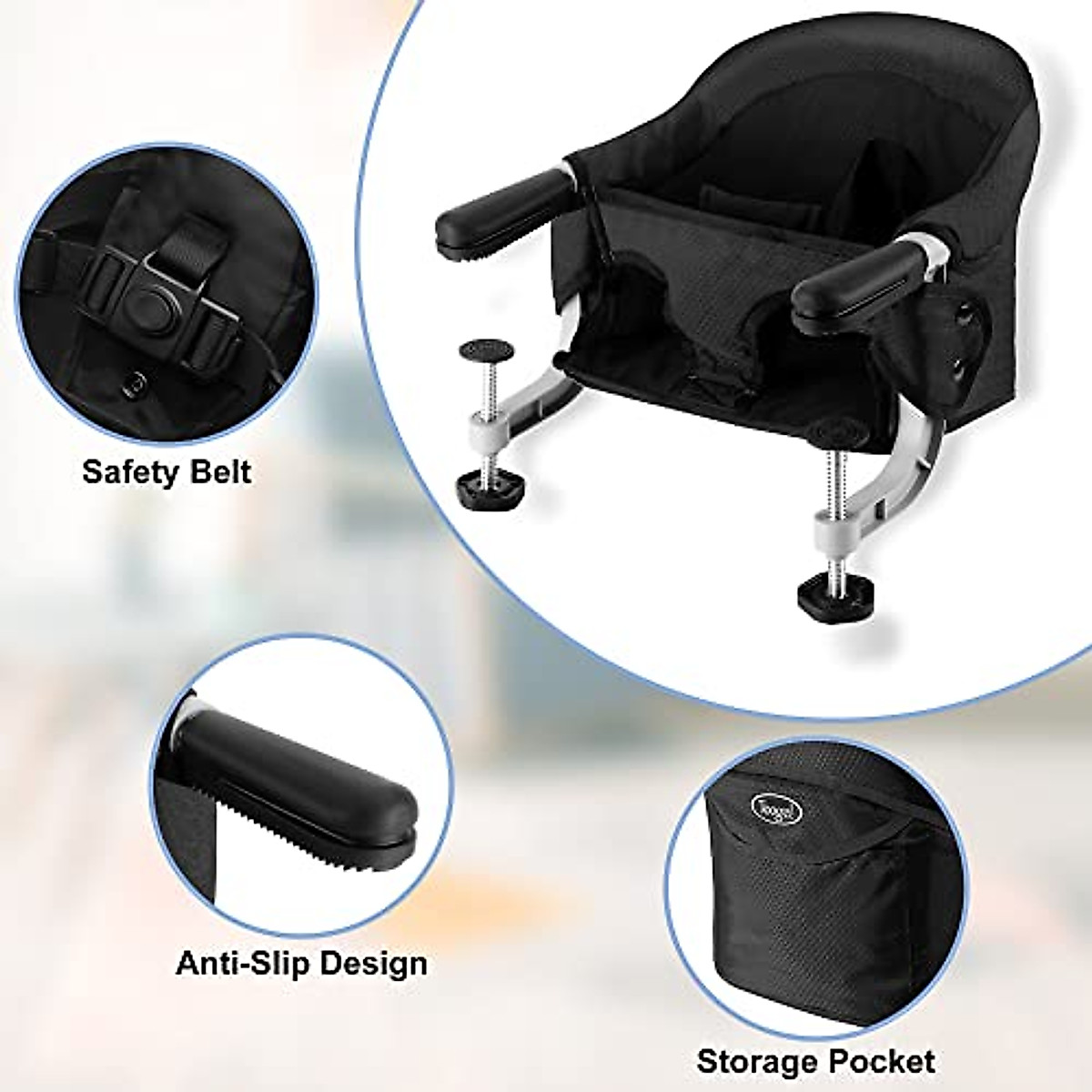 Fast Table Chair Hook on High Chair Clip on Table Clamping Chair High Load Fold-Flat Storage Tight Fixing Feeding Seat Attach to Table Ideal Folding Chair for Travel (Black)