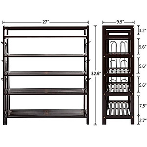 kinbor 5 Tier Shoe Rack Storage Organizer - Bamboo Shoe Shelf with 12 Hanging Bars and Removable Top Shelf for Living Room, Hallway, Entryway, Balcony, Dark Brown