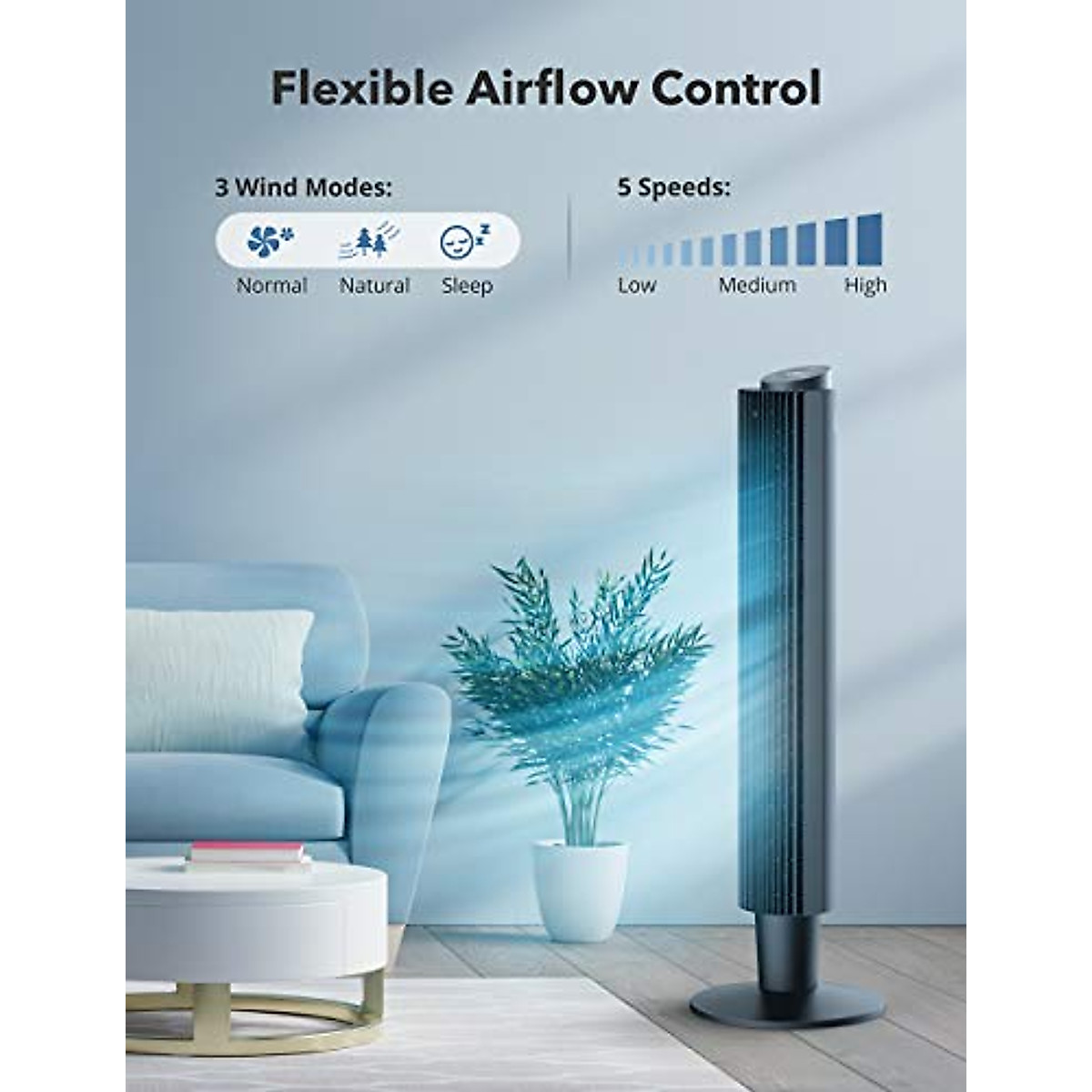 Orgtoy Tower Fan for Bedroom, 42” Oscillating Cooling Fan with Remote, Height Adjustable, 12H Timer, 5 Speeds, LED Display, Low Noise, Touchpad, Space-Saving, Quiet Stand Up Fan for Offices and Home