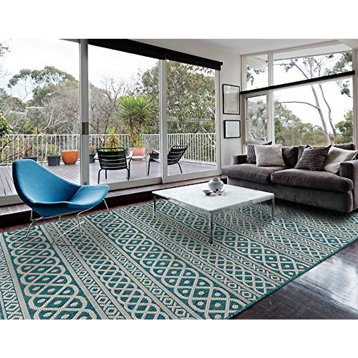 RUGBUGGERY Indoor Outdoor Anti-Fade Moroccan Boho Panel Area Rug 8'x10' Ocean Blue (Bohemian, Southwestern, Transitional, Pet Friendly, Non Shedding, Stain Resistant)