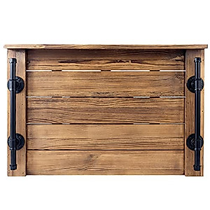 MyGift Rustic Dark Burnt Wood Stove Top Cover - Noodle Board Jumbo Decorative Farmhouse Serving Tray with Industrial Black Metal Pipe Handles