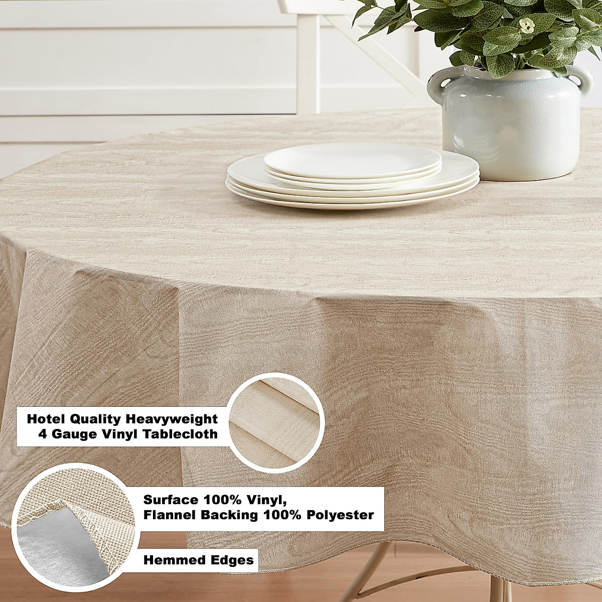 Newbridge Taupe Moire Wavy Solid Color Print Heavy Weight Vinyl Flannel Backed Tablecloth, Indoor/Outdoor Vinyl Tablecloth with Flannel Backing, 60” x 84” Oval