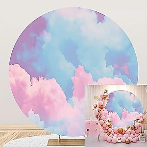 AWERT Polyester Diameter 7ft Colorful Clouds Round Backdrop Pastel Rainbow Pink Clouds Blue Sky Watercolor Background for Photography Anniversary Wedding Baby Shower Birthday Party Photo Studio Props