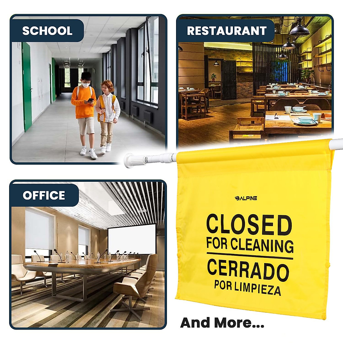 Alpine Restroom Closed for Cleaning Sign, Commercial Door Barricade Sign, English & Spanish Bathroom Sign, Yellow Safety Hanging Sign for Cleaning In Progress Restroom