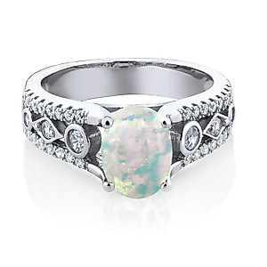 Gem Stone King 925 Sterling Silver White Simulated Opal Engagement Ring For Women (1.56 Cttw, Cabochon Cut 8X6MM, Available 5,6,7,8,9) (Size 8)