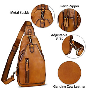 Genuine Leather Sling Bag Crossbody Purse Motorcycle Bag Handmade Hiking Daypack Retro Shoulder Backpack Vintage Chest Bag (Brown)