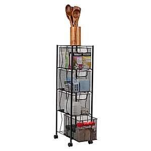 Mind Reader Rolling Cabinet with Drawers, Desk Art Supply Organizer, Storage, Kitchen, Metal Mesh, 8"L x 11"W x 31.5"H, Black