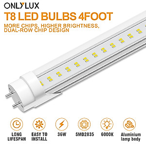 ONLYLUX T8 Bulbs 4 Foot 6500K Daylight, 5000Lumens, 36W, 4ft Led Bulbs Ballast Bypass Type B Dual-End Powered, 4ft Led Tubes Replacement F32T8 F32T12 Fluorescent Tube, 50 Pack