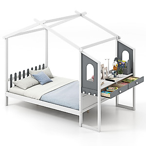 KOMFOTT Full House Bed with Desk, Wood Montessori Bed Frame with House Roof Canopy, 2 Drawers, Modern Playhouse Bed with Fence for Kids, Teens, Girls & Boys, No Box Spring Needed, White & Gray