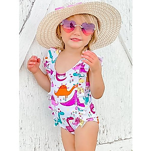 RAISEVERN Baby Girls Swimsuit Ruffles Dinosaur Bathing Suits Cute Cartoon Colorful Flowers Print Beach Sport White Summer One Piece Swimwear Backless Quick-Dry Swimming Bodysuit for 3t 4t Little Girl