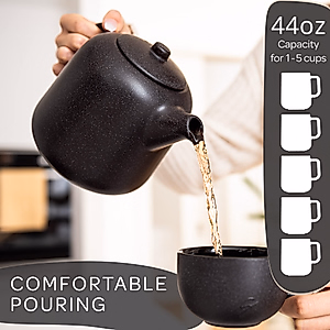 Steinzeit Design Tea Pot (44 oz) - Premium Ceramic Teapot with Infuser for Loose Tea - Black Teapot Ceramic with Removable Strainer